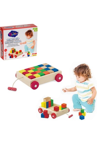 Strongart Onyıl Oyuncak Ahşap Renkli Bloklu Küp Çekmeli Araba