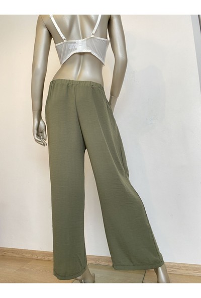 Pırıltılina Kadın Yeşil Renk Beli Lastikli Palazzo Pantolon