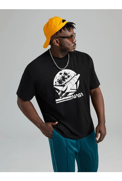 Blackrock Oversize Nasa Uzay Baskılı Bisiklet Yaka Siyah T-Shirt