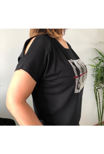 Bilgin Center Kadın Büyük Beden Kedi Taş Desen Omuzu Fermuarlı Siyah Bluz