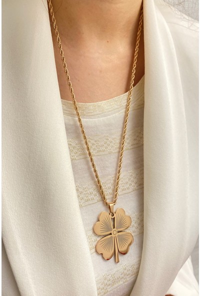 Madambb Burgu Zincirli Gold Çelik Yonca Uzun Kolye