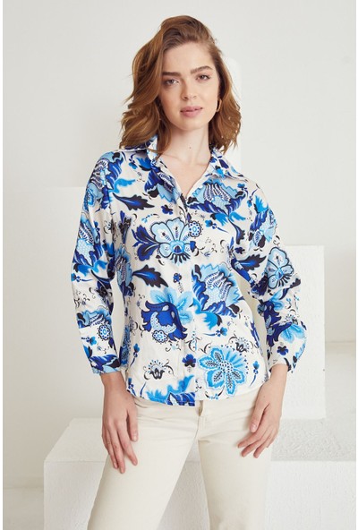 BY H Desenli Saten Gömlek-Mavi