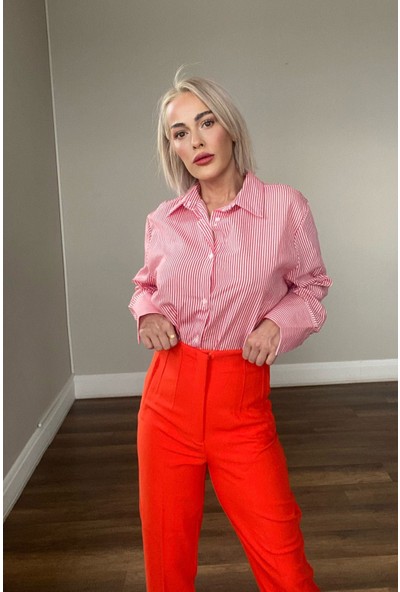 BY H Çizgili Gömlek-Kırmızı