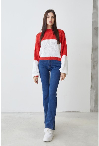 BY H Çizgili Salaş Kazak-Kırmızı