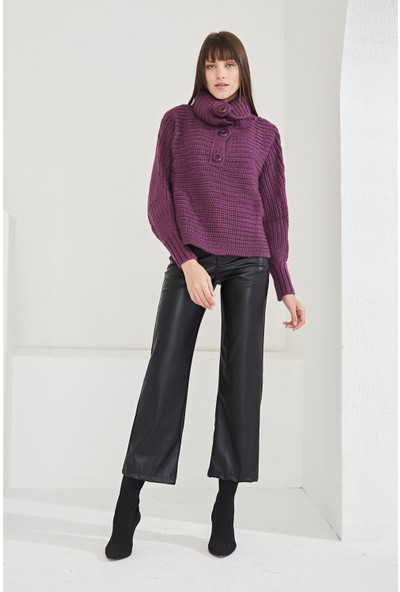 BY H Düğmeli Boğazlı Kazak-Mor