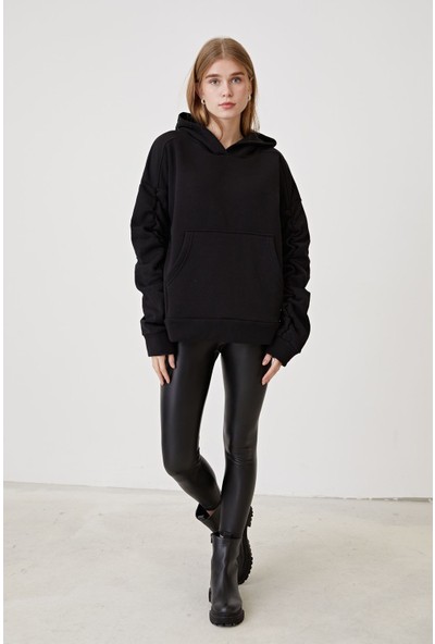 BY H Kolları Büzgülü Sweatshirt-Siyah