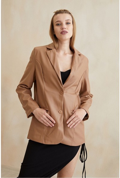 BY H Düğmeli Deri Ceket-Bej BY H Düğmeli Deri Ceket-Bej