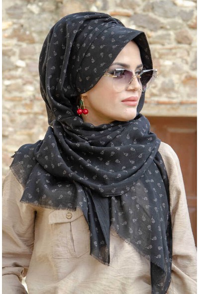 Karışık Cadde Siyah Çiçekli Flamlı Keten Şapkalı Şal - 50801