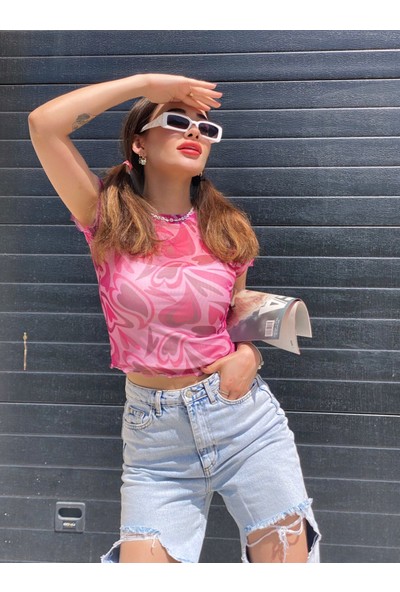 Zechka Halter Yaka Pembe Fileli Transparan Bluz Zechka Halter Yaka Pembe Fileli Transparan Bluz