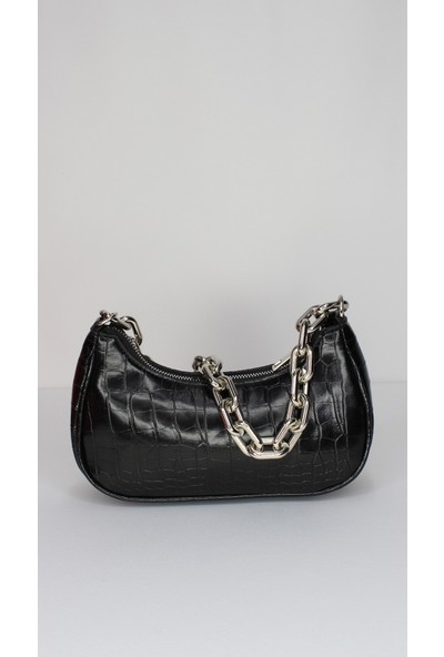 Buysef Siyah Kroko Kadın Zincir Askılı Baguette Omuz Çantası