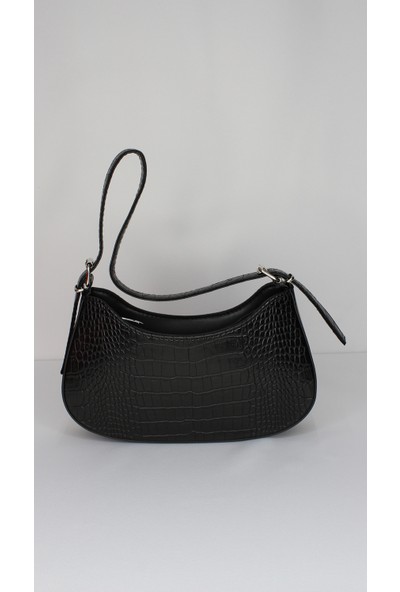Buysef Siyah Kroko Kadın Baguette Omuz Çantası