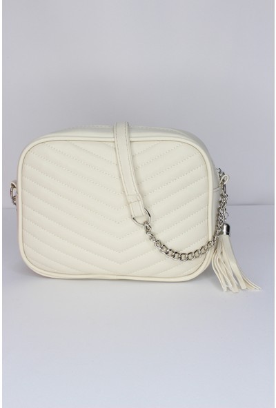 Buysef Krem Kadın Zincir Askılı Püskül Detaylı Omuz Çantası