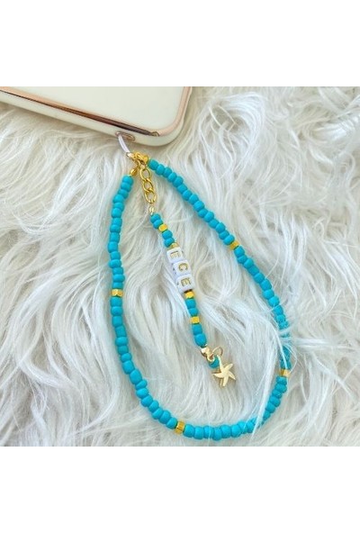 Pink Pearl Mavi Renk Isme Özel Yıldız Detaylı Telefon Askısı Telefon Charmı