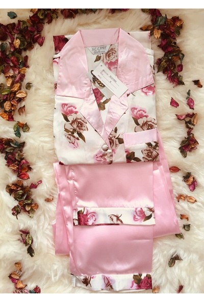 ALLDAY Çiçekli Gömlek Yaka Saten Kadın Pijama Takımı