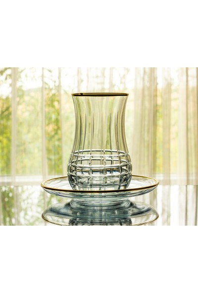 Güral Lav Eva Özel 6'lı Çay Bardak Takımı Parlak Altın El Kesme Deep 1