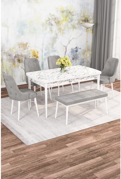 Rovena Mona Benchli 80X132 Mdf Açılabilir Beyaz Mermer Desen Mutfak Masa Takımı Yemek Masası Takımı 4 Sandalye Rovena Mona Benchli 80X132 Mdf Açılabilir Beyaz Mermer Desen Mutfak Masa Takımı Yemek Masası Takımı 4 Sandalye
