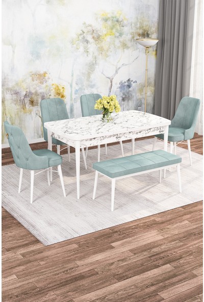 Rovena Mona Benchli 80X132 Mdf Açılabilir Beyaz Mermer Desen Mutfak Masa Takımı Yemek Masası Takımı 4 Sandalye Rovena Mona Benchli 80X132 Mdf Açılabilir Beyaz Mermer Desen Mutfak Masa Takımı Yemek Masası Takımı 4 Sandalye