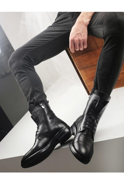 Shoecide Erkek Siyah Hakiki Deri Bot