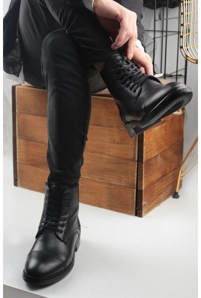Shoecide Erkek Siyah Hakiki Deri Bot