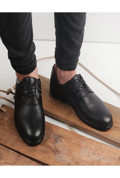 Shoecide Erkek Siyah Hakiki Deri Bağcıklı Klasik Ayakkabı