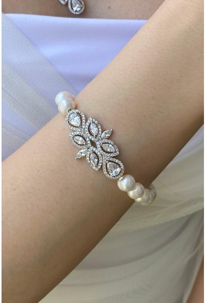 Zümrüt Kuyumculuk BIRINCI1926 925 Ayar Gümüş Kadın Yaprak Taşlı Inci Bileklik