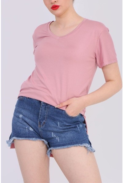 Sue V Yaka Yırtmaçlı Tişört Siyah Pudra