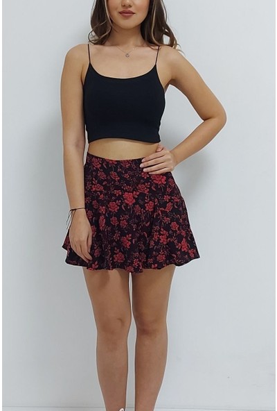 Şortlu Etek Çiçek Desenli Kırmızı
