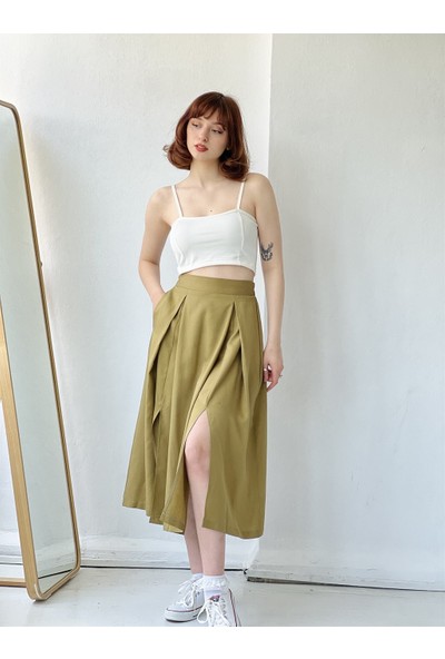 Retrobird Yırtmaçlı Yüksek Bel Etek (Cepli) Kadın Siyah