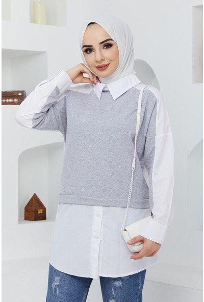 İmaj Butik Gömlek Yaka Önü Parçalı Gömlek Tunik/gri