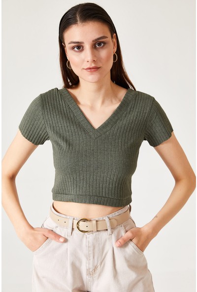 Oshebu Kadın V Yaka Crop Kaşkorse Bluz