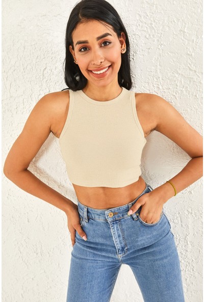 Oshebu Kadın Sıfır Kol Kaşkorse Crop Bluz