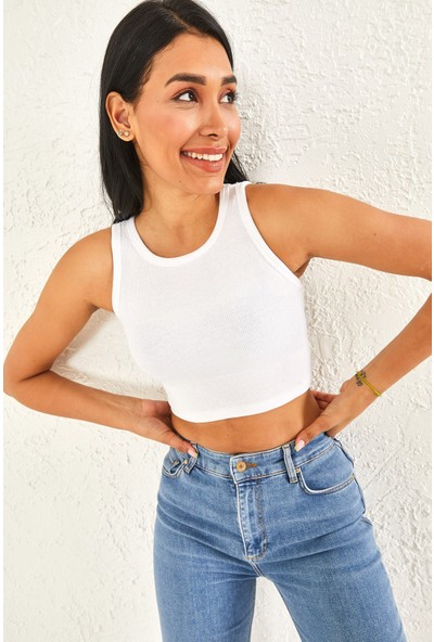 Oshebu Kadın Sıfır Kol Kaşkorse Crop Bluz