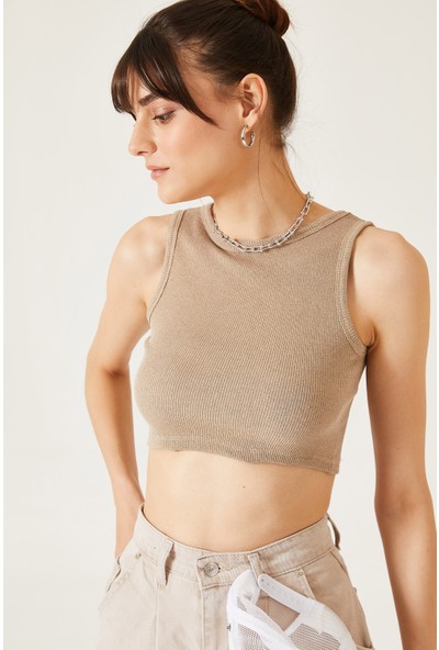 Oshebu Kadın Sıfır Kol Kaşkorse Crop Bluz