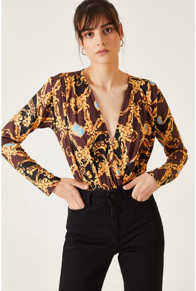 Oshebu Kadın Desenli Kruvaze Yaka Bodysuit