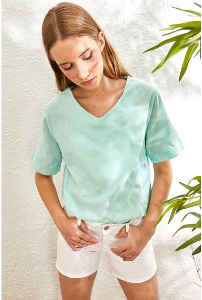 Oshebu Kadın Keten V Yaka Salaş Bluz