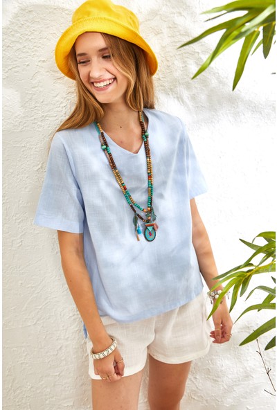 Oshebu Kadın Keten V Yaka Salaş Bluz