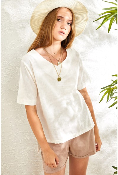 Oshebu Kadın Keten V Yaka Salaş Bluz