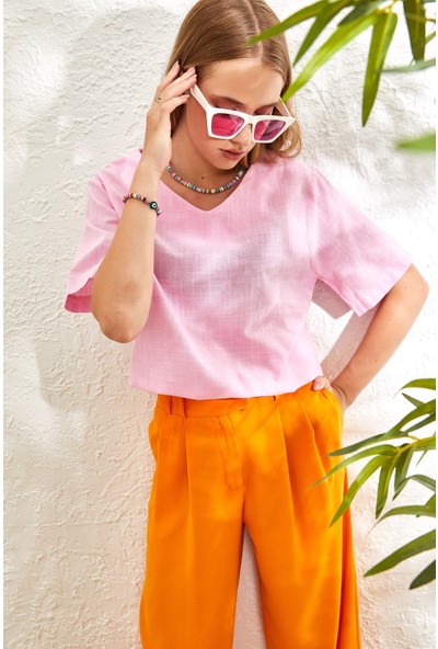 Oshebu Kadın Keten V Yaka Salaş Bluz