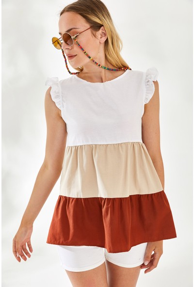 Oshebu Kadın Blok Renkli Poplin Bluz