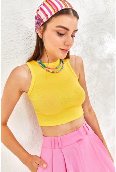 Oshebu Kadın Sıfır Kol Kaşkorse Crop Bluz