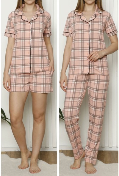 Nicoletta Somon Kadın Şortlu ve Uzun Düğmeli Pijama Takımı Kısa Kollu 3'lü Set Ekose