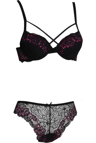 Siyah-Fuşya Kadın Dantelli Büstiyer Sütyen Takımı Ipli Bralet Tam Destekli