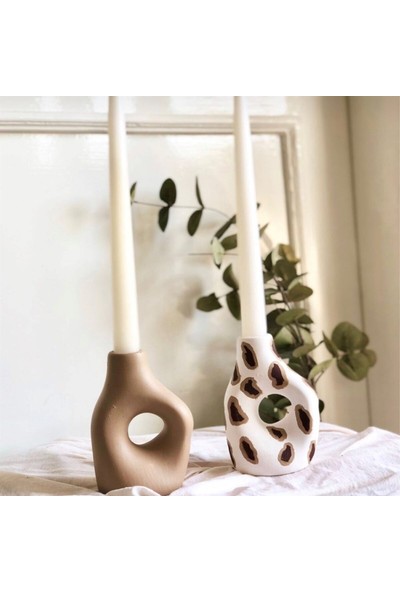 Karenda Dekoratif 2'li Şamdan Seti Leopar Çakıl