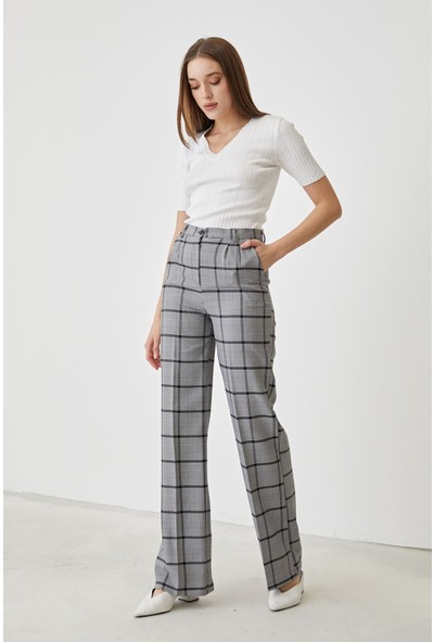BY H Ekose Desen Palazzo Pantolon-Gri