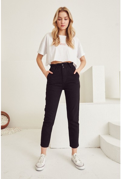 BY H Beli Lastikli Mom Jean Pantolon-Siyah