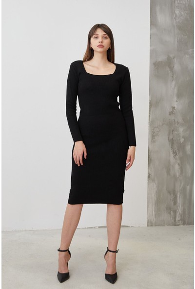 BY H U Yaka Fitilli Elbise-Siyah