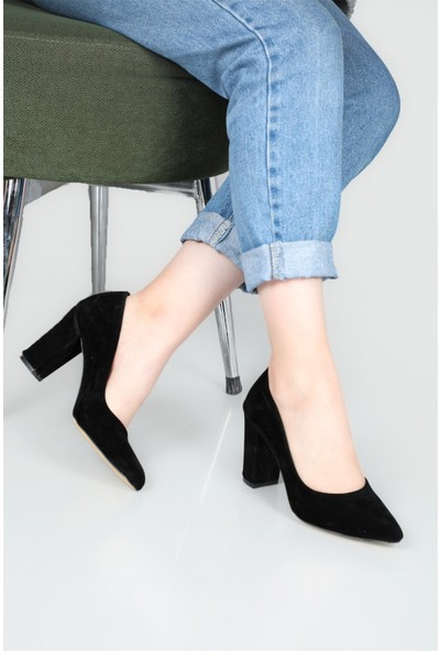 Carla Bella Sivri Burun 7 cm Kalın Topuklu Siyah Süet Kadın Ayakkabı Simru 07