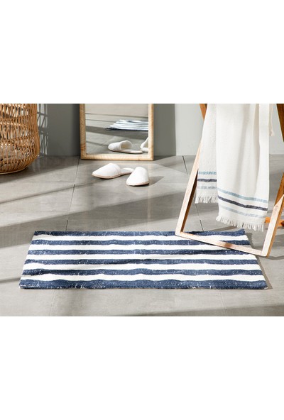 English Home Bold Stripe Çizgili Pamuklu Banyo Paspası 60 x 90 cm Lacivert- Ekru