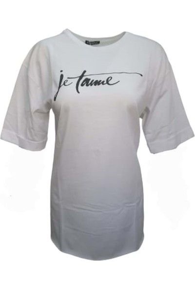 Kuzey Kadın Baskılı Yırtmaçlı Oversize Kadın T-Shirt 3071 - Beyaz - M Kuzey Kadın Baskılı Yırtmaçlı Oversize Kadın T-Shirt 3071 - Beyaz - M