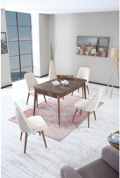 Morkese Zero Serisi Barok Ceviz 4 Sandelyeli Açılabilir Yemek ve Mutfak Masa Takımı - Krem